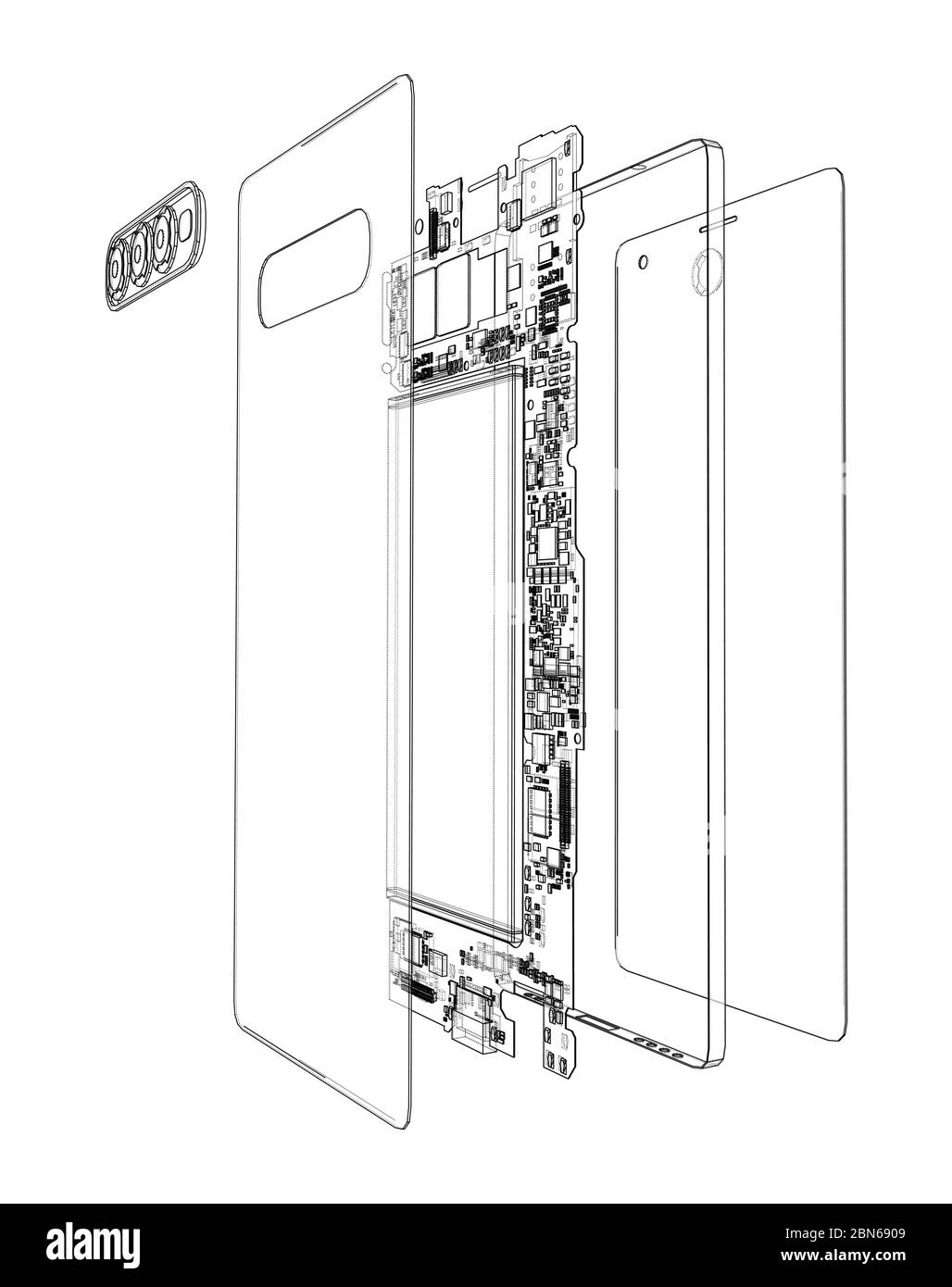 Disassembled smartphone concept outline. Vector rendering of 3d. Wire ...