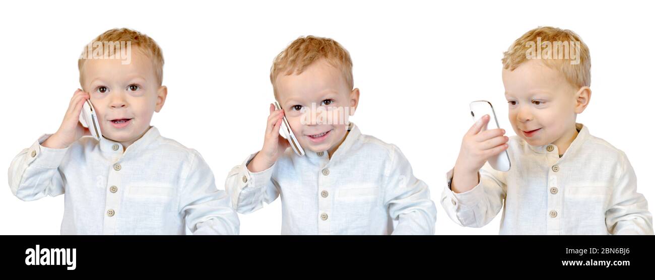 baby using a smartphone isolated on the white background Stock Photo ...