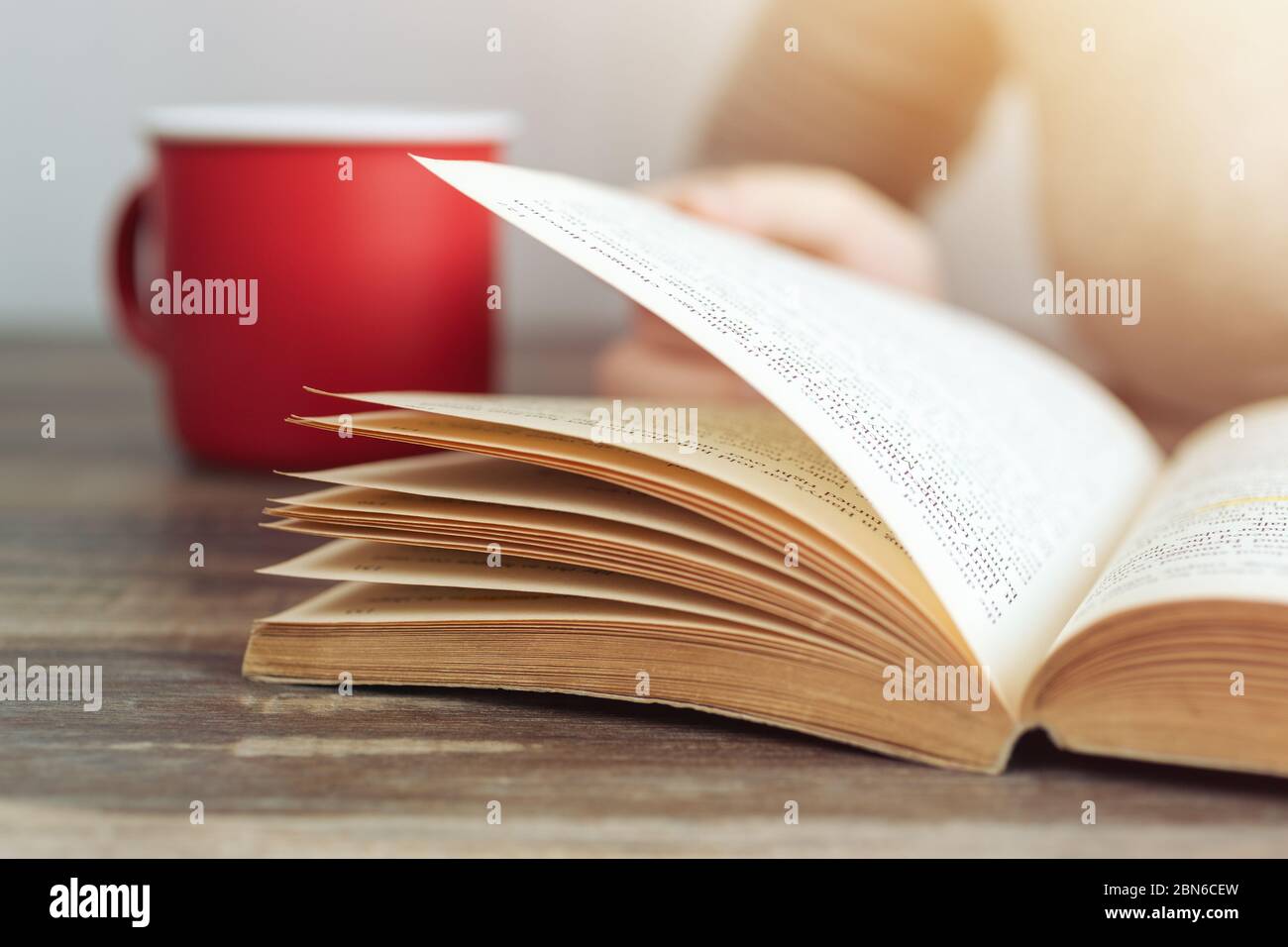 Vintage close up of an old open book with yellow pages. Avid reader ...