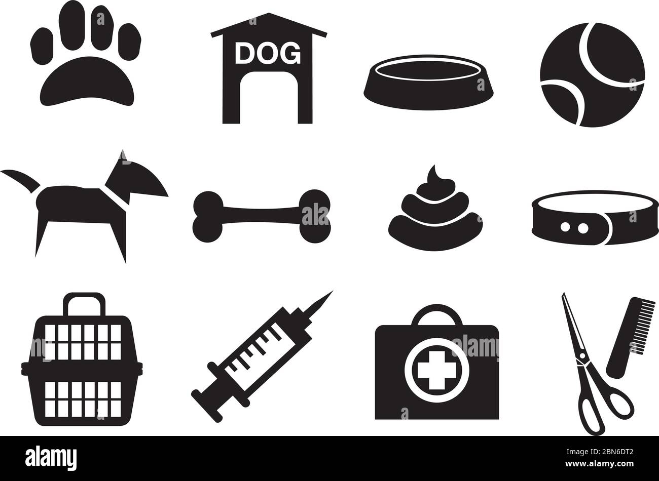Vector illustration of dog related objects. Black and white icon set ...