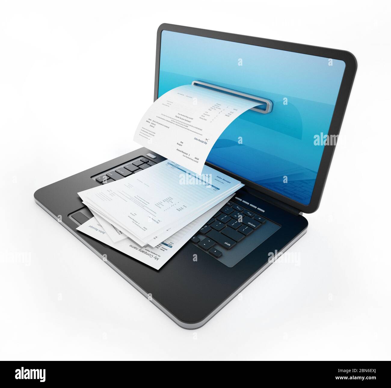 Fictitious payment receipt coming out of laptop screen. 3D illustration ...