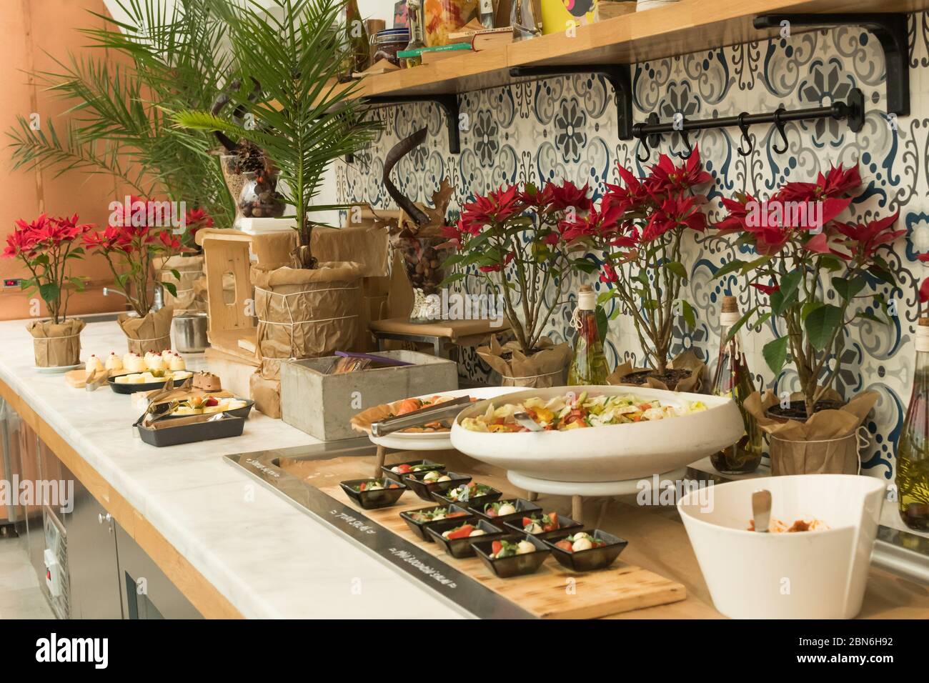 Live food stations. Kitchenware in the line catering summer brunch ...