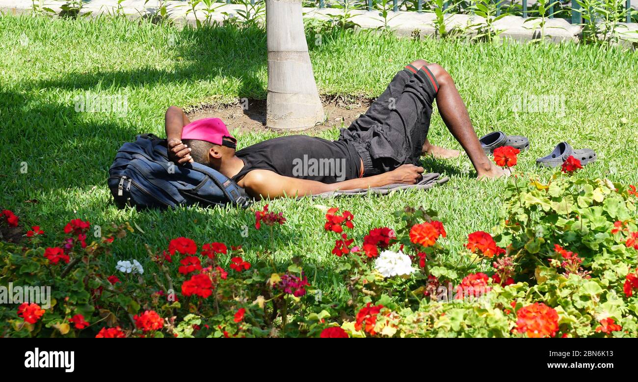 Young man with covered face resting in the sun in a park in Lima, Peru ...