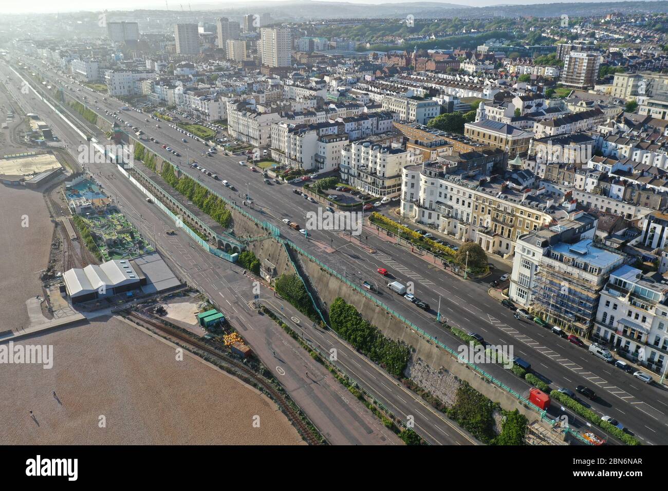 Aerial views of Brighton seafront as seen from above Madeira Drive ...