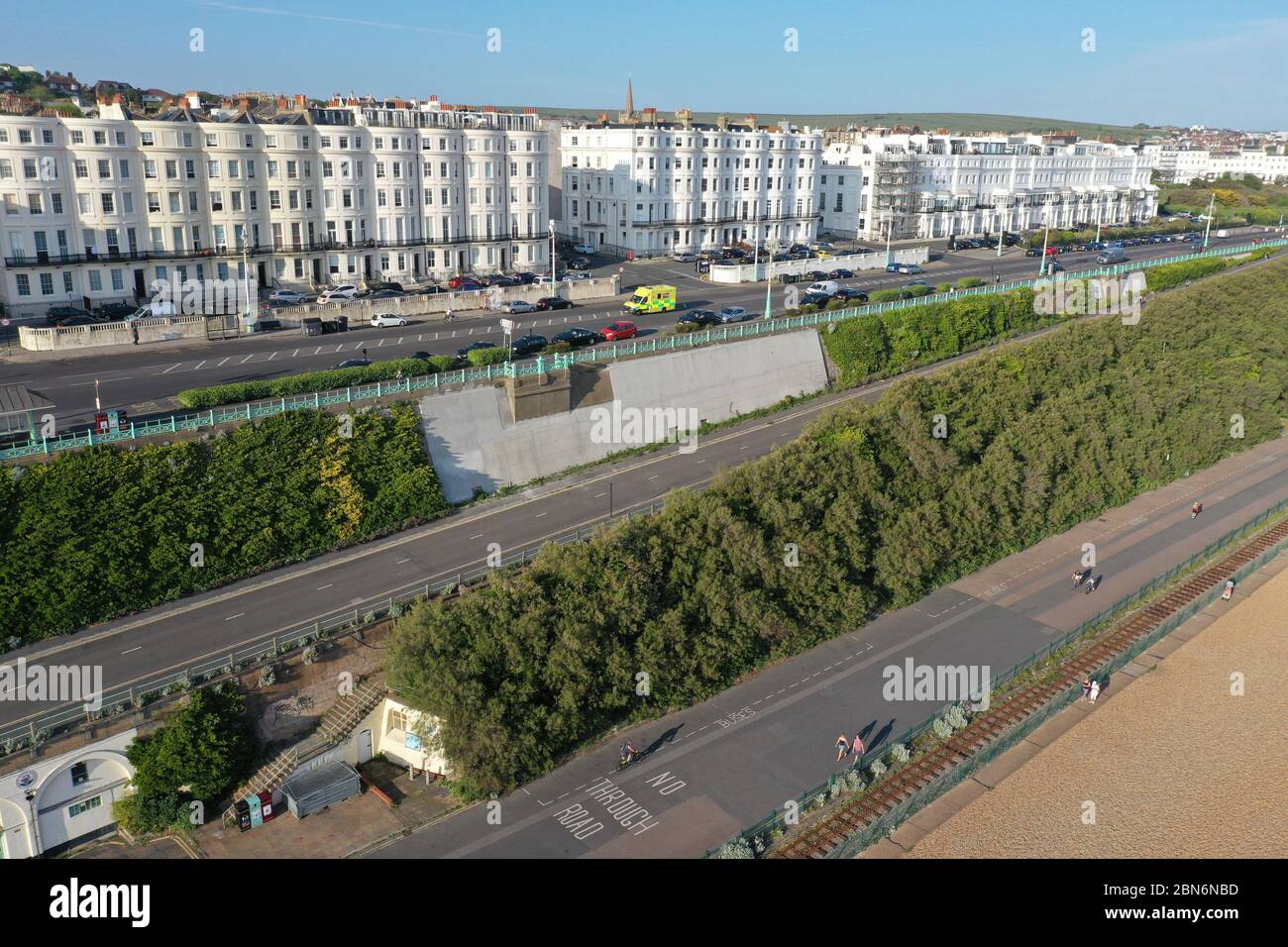Aerial views of Brighton seafront as seen from above Madeira Drive ...
