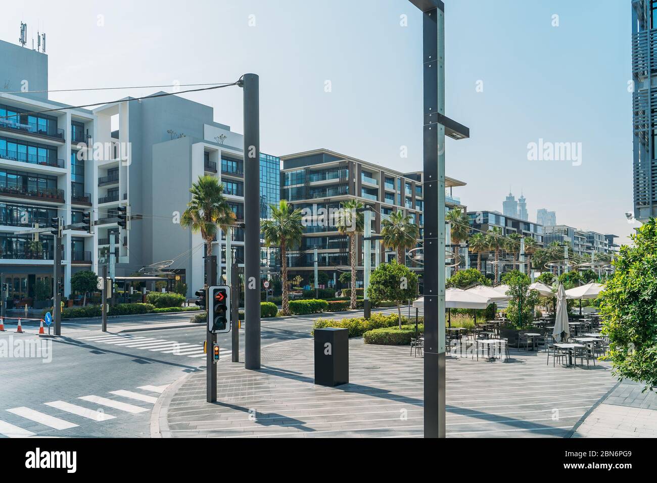 Modern Dubai street with not high buildings, United Arab Emirates Stock ...