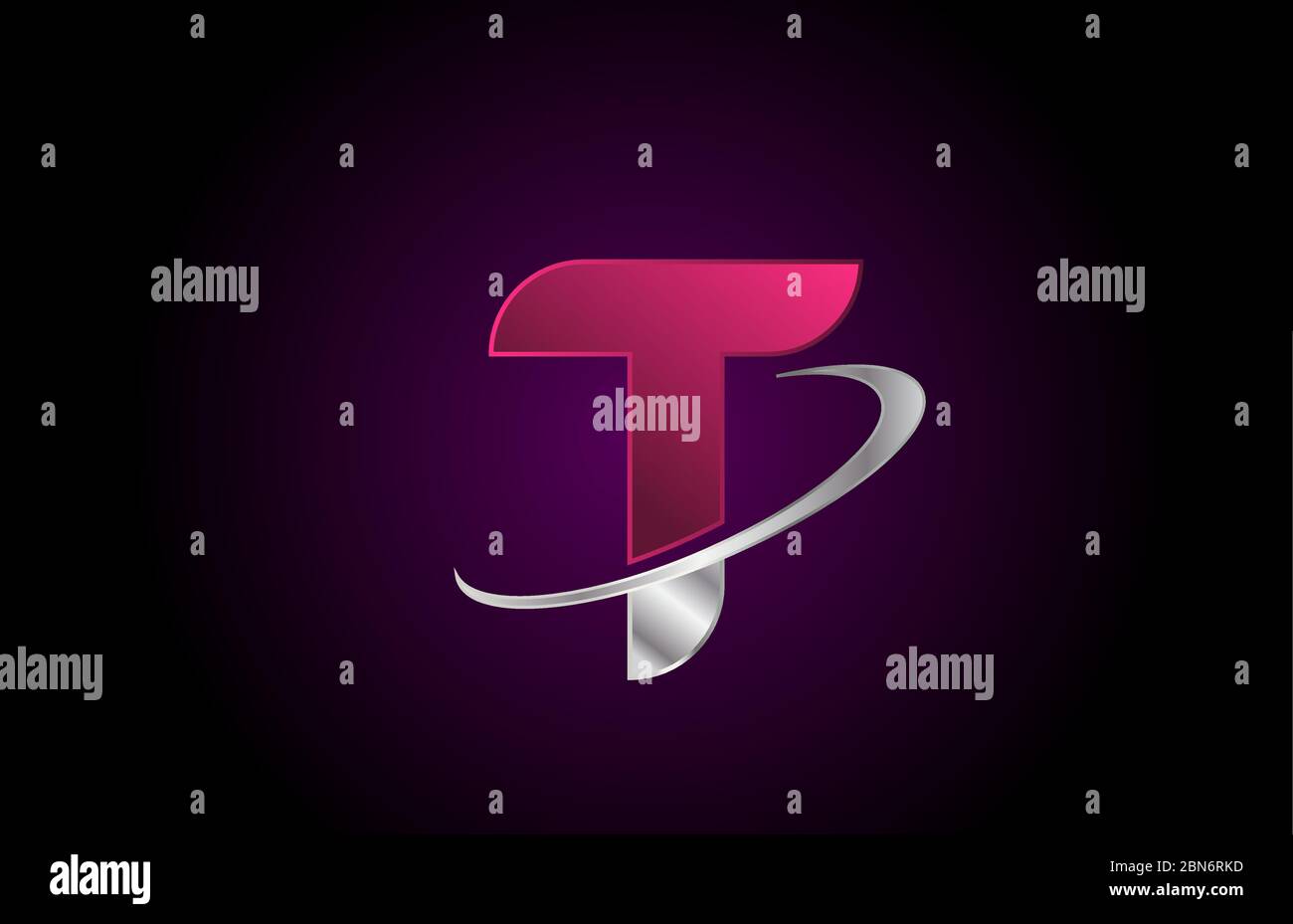 T pink alphabet letter logo icon for company and business with metallic ...