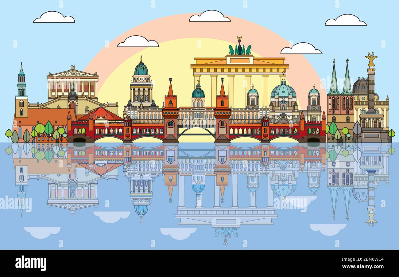 Colorful vector skyline of Berlin, Germany in line art style. Flat ...