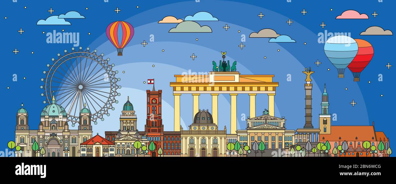 Colorful vector skyline of Berlin, Germany in line art style. Flat ...