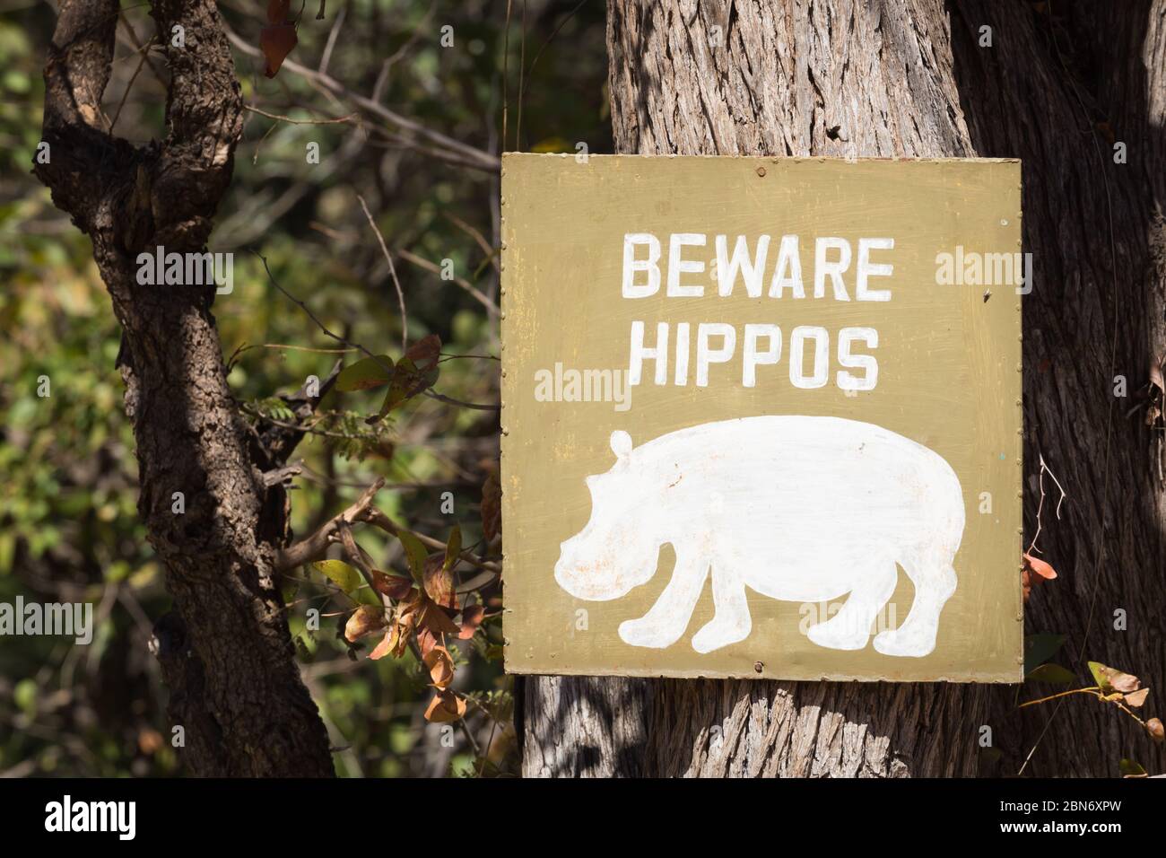 Sign, beware of wild hippos, Zambia Stock Photo - Alamy