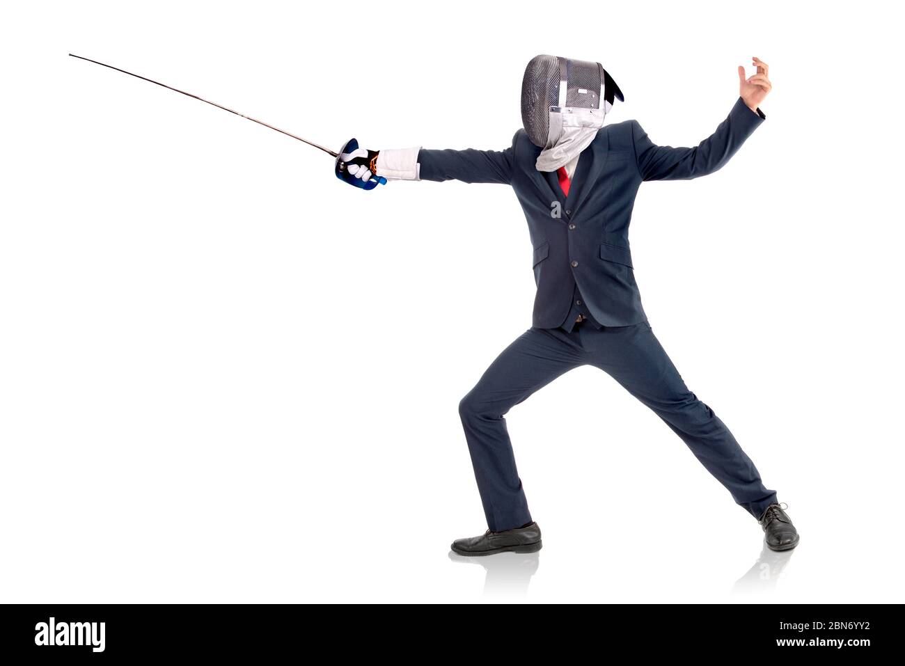 Male fencer businessman, ready for a duel isolated in white background ...
