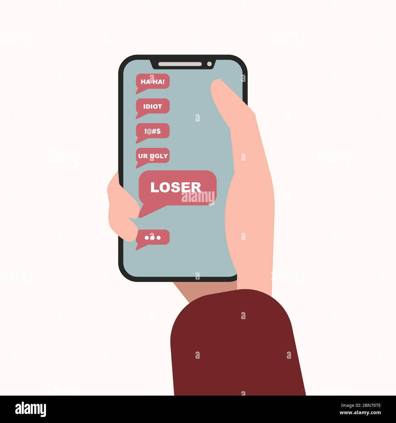 Person holding mobile phone with abusive texts on screen, isolated ...