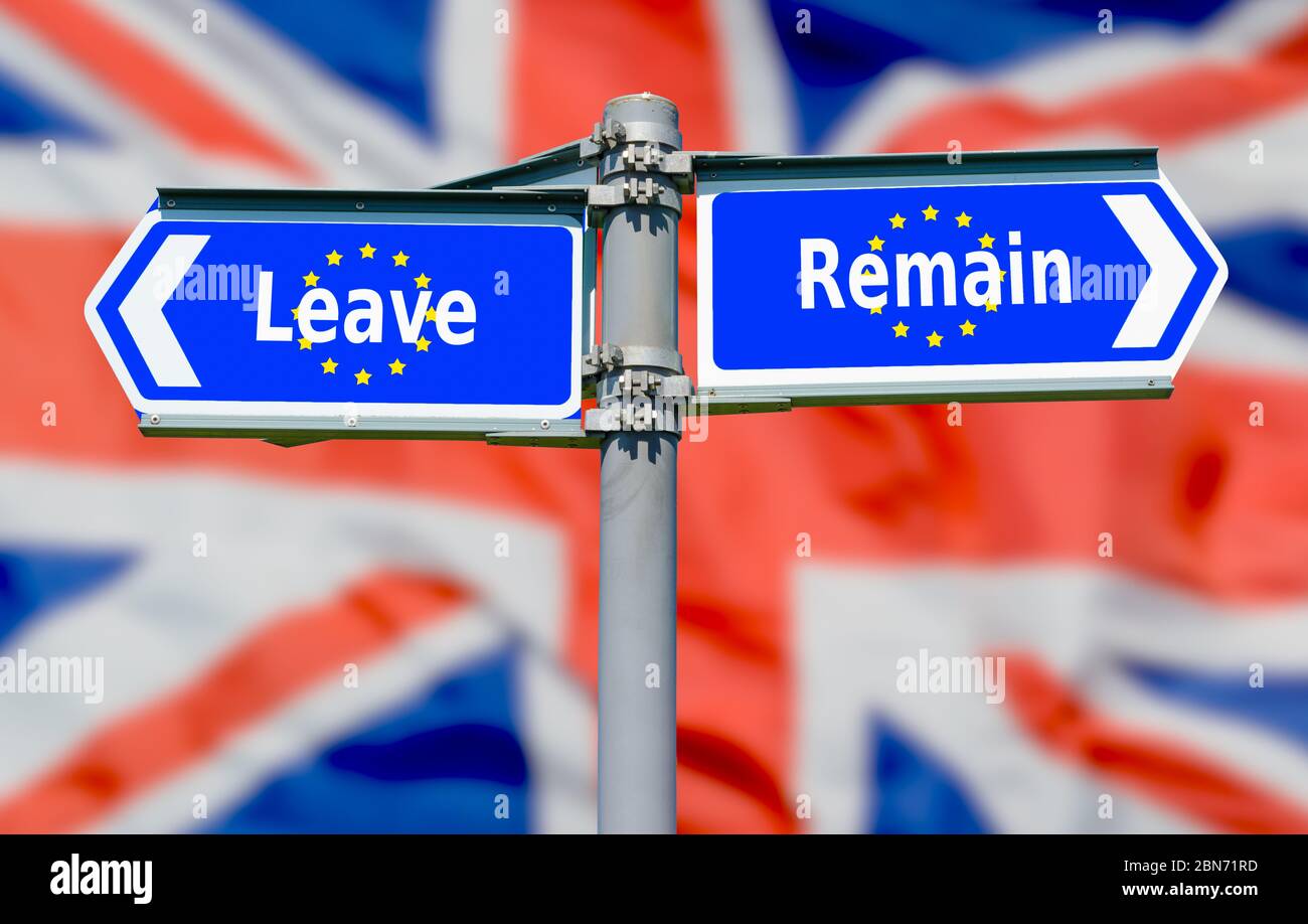 Brexit sign post. EU leave or EU remain concept sign against a Union ...