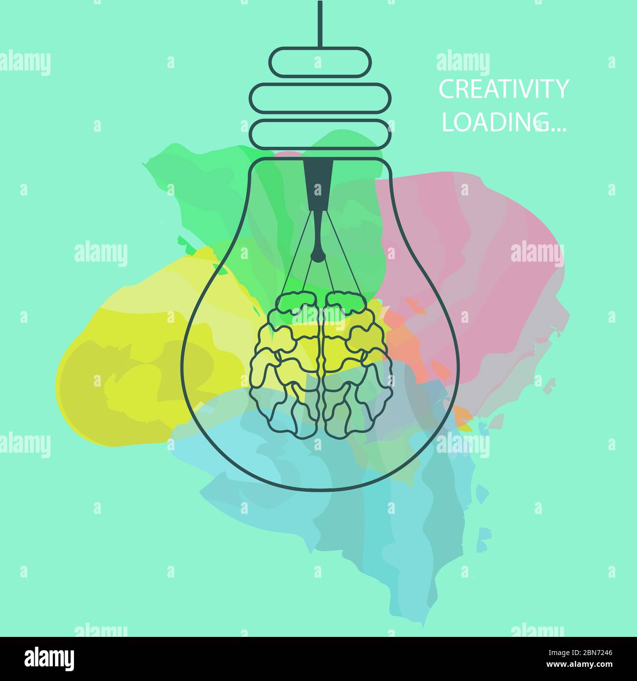 Creative thinking. Light bulb with brain as tungsten wire on color ...