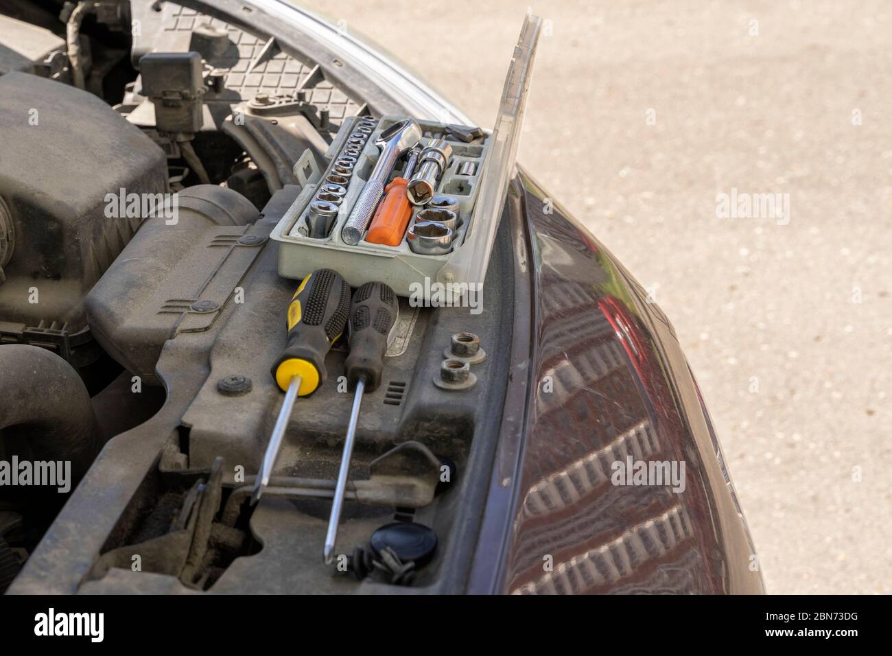 Auto mechanic tool kit. The mechanic has prepared tools for diagnosis ...