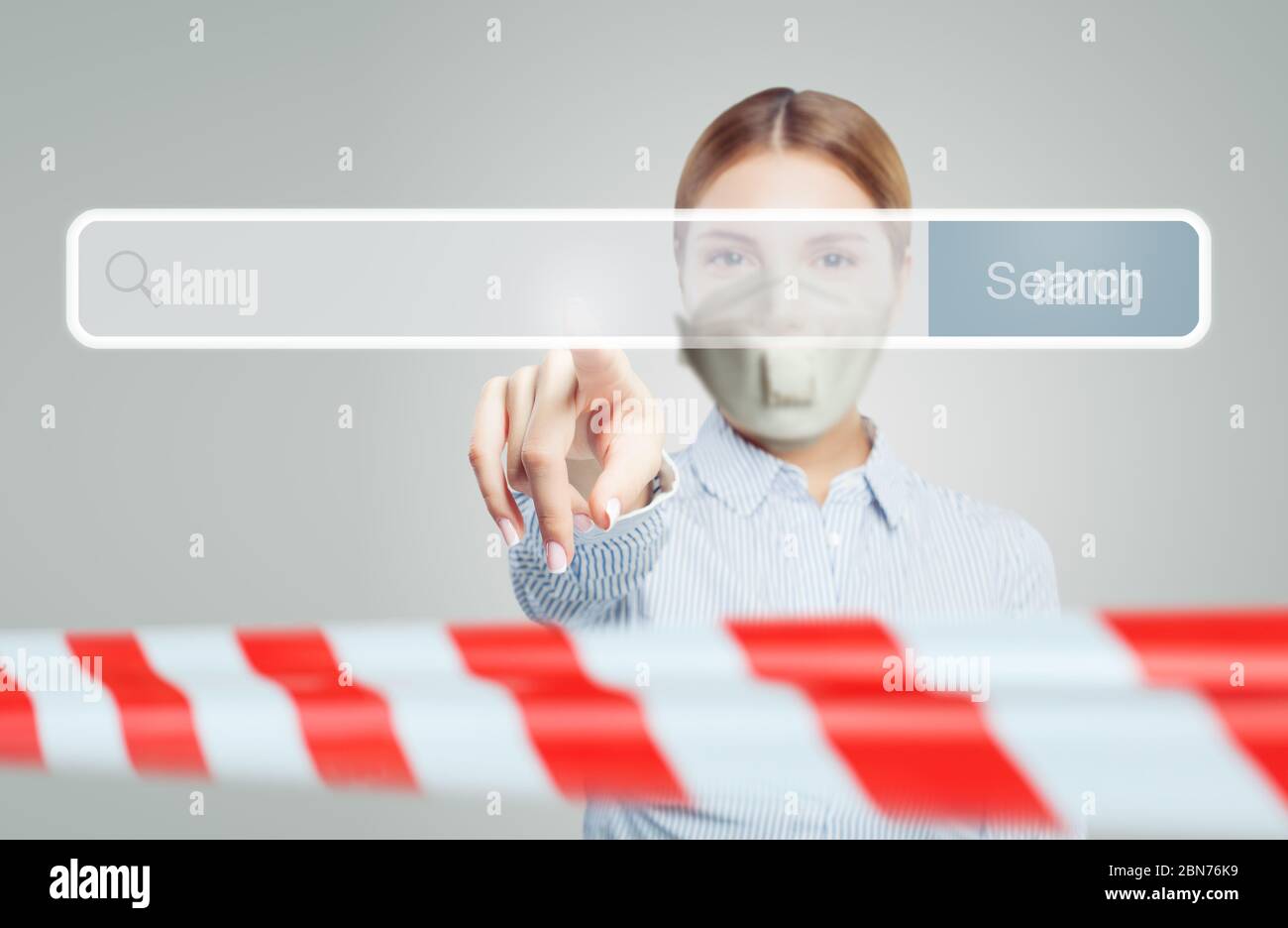 Pointing woman hand, empty address bar in virtual web browser with red ...