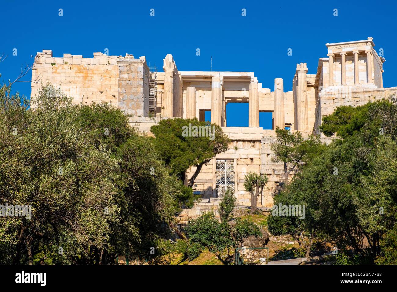 Athens, Attica / Greece - 2018/04/03: Panoramic view of Acropolis of Athens with Propylaea ...