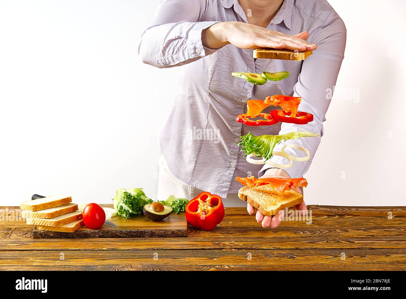 flying sandwich. Flying layers of sandwich. Well roasted patty, Ham ...