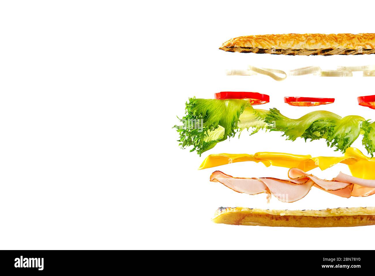 flying sandwich. Flying layers of sandwich. Well roasted patty, Ham ...