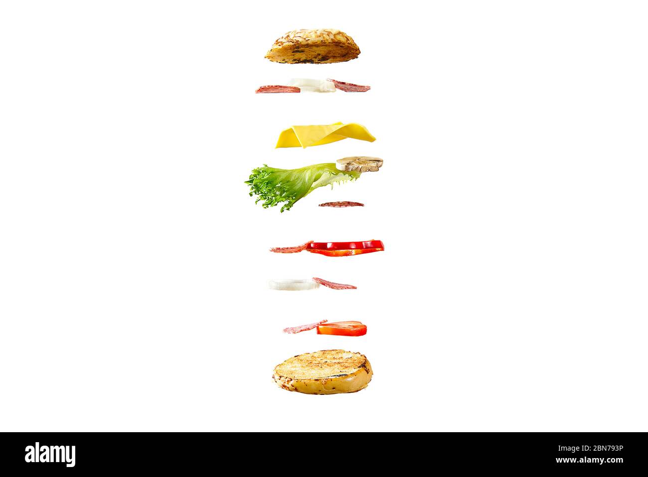 flying sandwich. Flying layers of sandwich. Well roasted patty, Ham ...