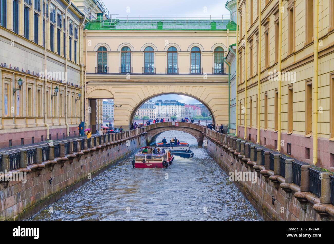 Saint Petersburg, Russia, August 3, 2019: boats sail along Winter Canal ...
