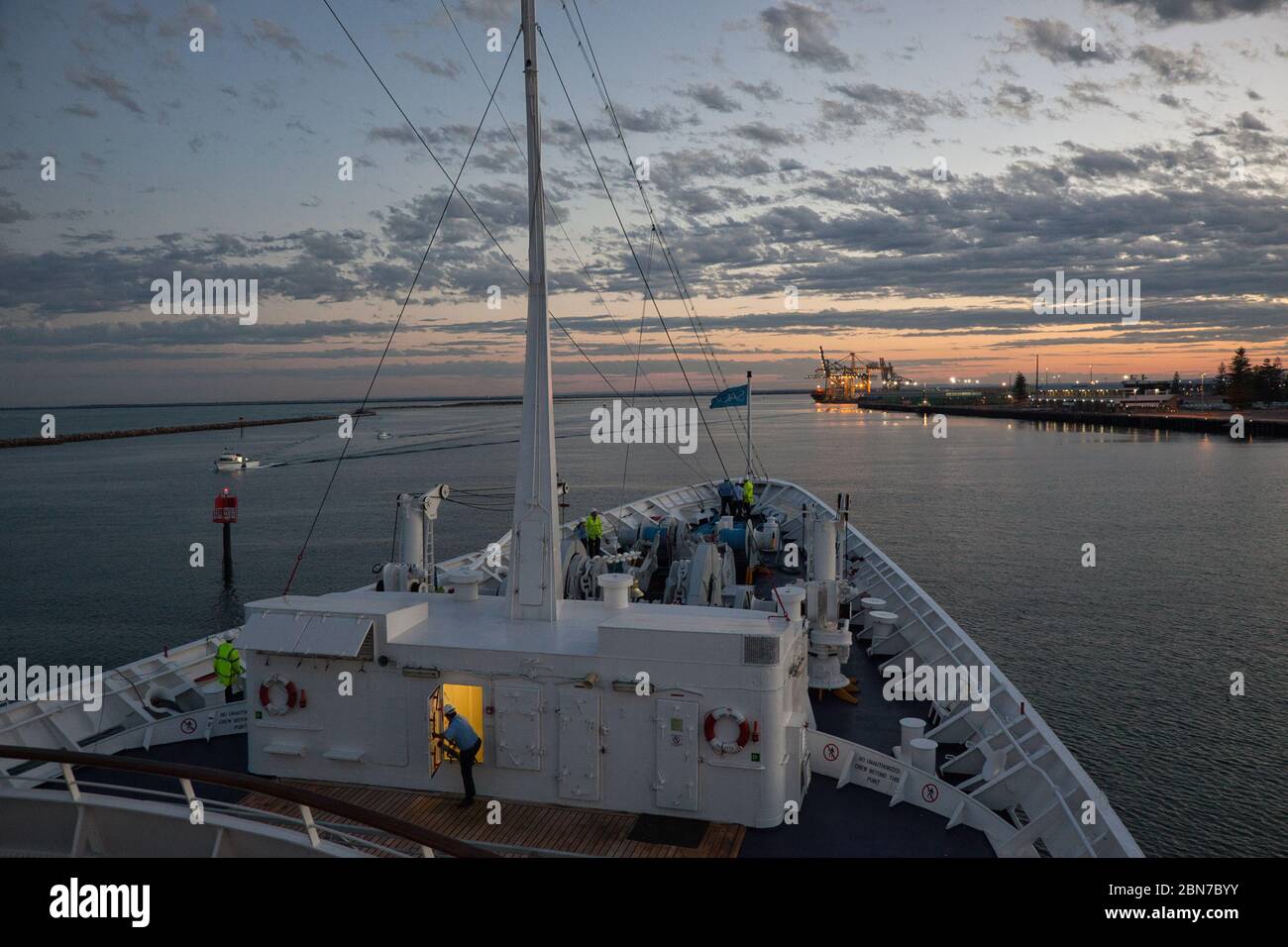 Sailing in to the port of Adelaide, South Australia by ship at sunrise ...