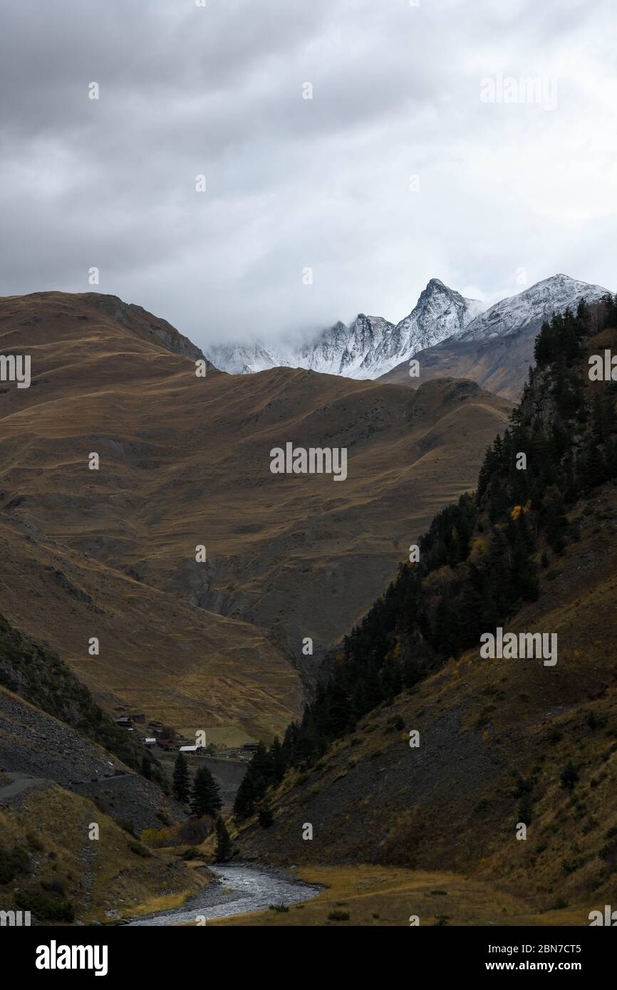Caucasus, Georgia, Tusheti region, Dartlo. River crossing a mountain ...