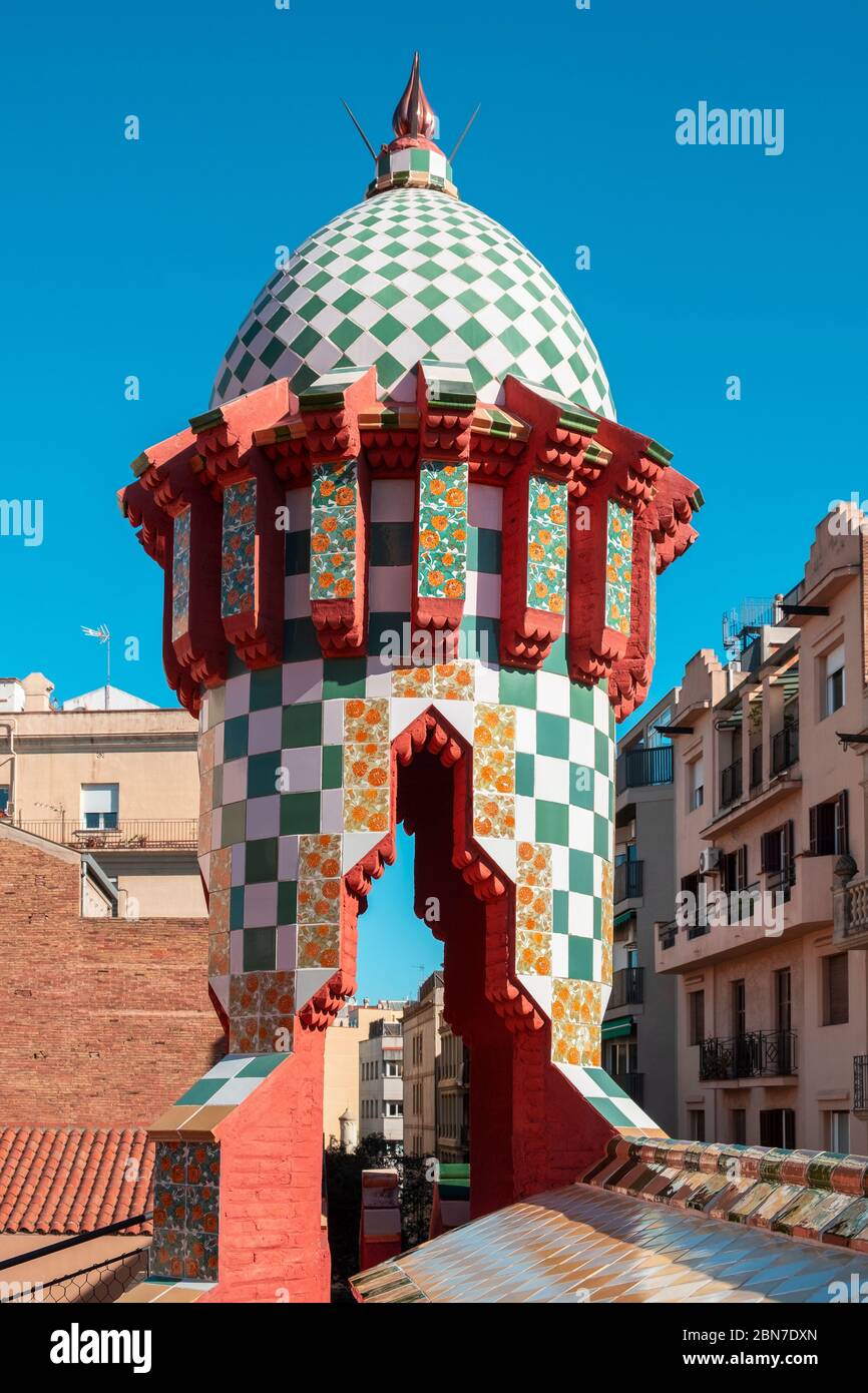 BARCELONA, SPAIN - FEBRUARY 15, 2020: A view of a turret of the Casa ...