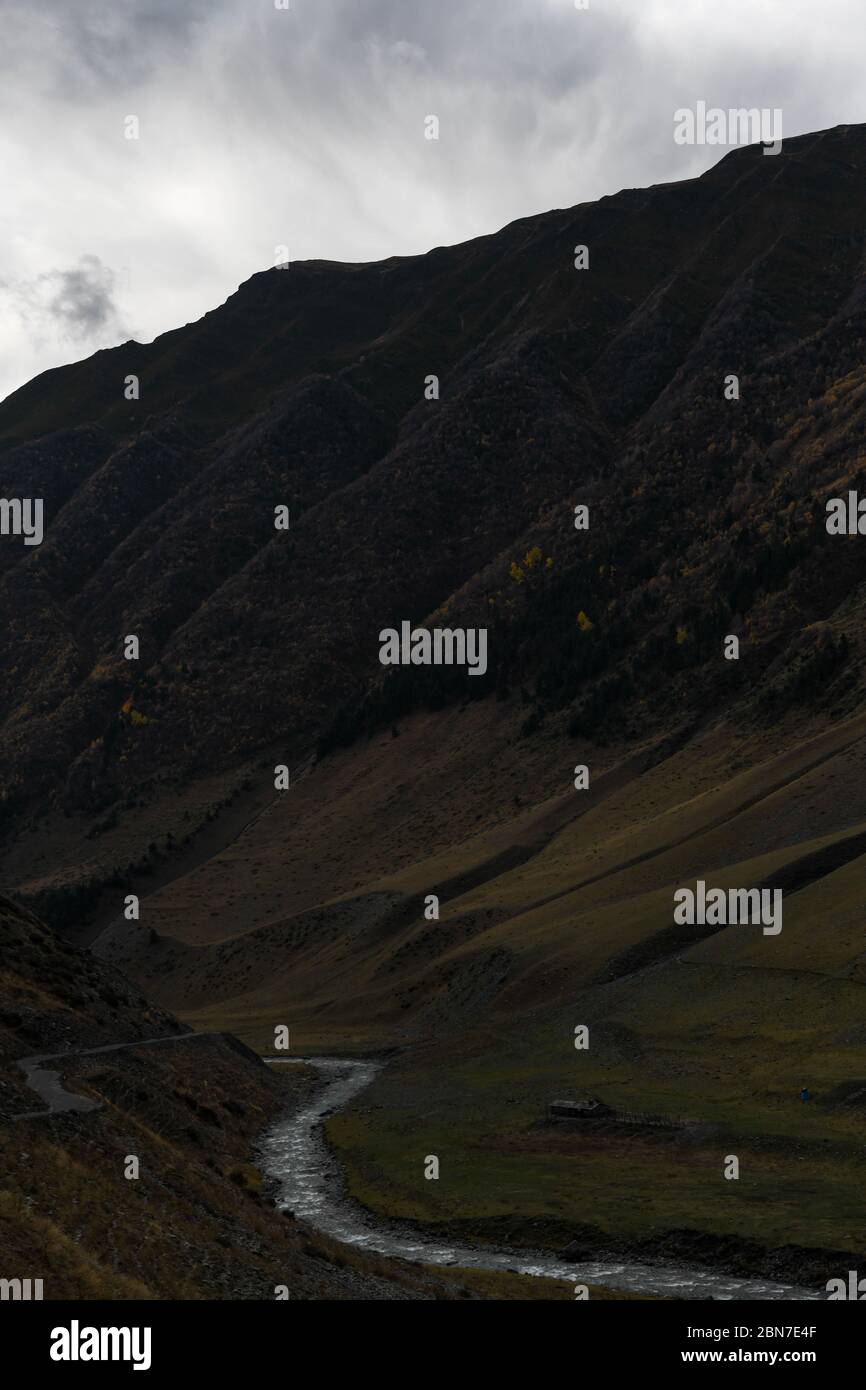Caucasus, Georgia, Tusheti region, Dartlo. River crossing a mountain ...
