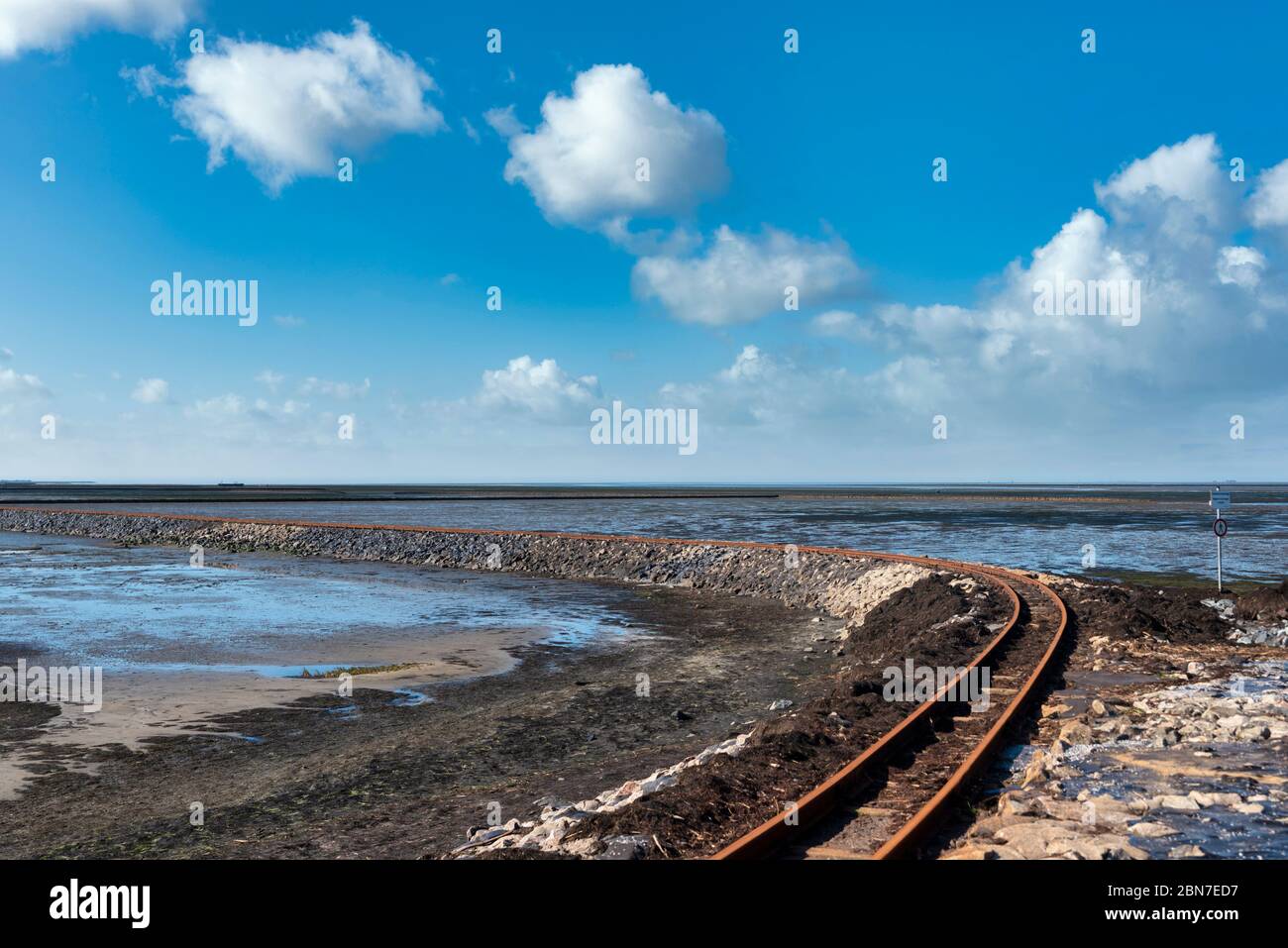 Rails of the Hallig Railway, also called Lorendamm, from Luettmoorsiel ...