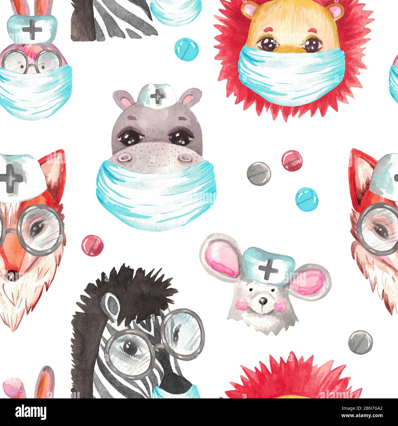 Seamless pattern Watercolor illustration portrait of a lion cub Zebra ...