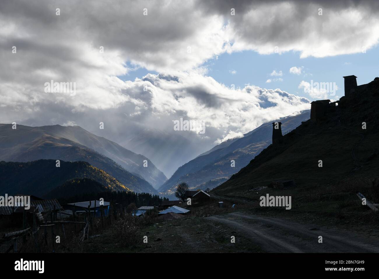 Caucasus, Georgia, Tusheti region, Dartlo. Medieval tower against a ...