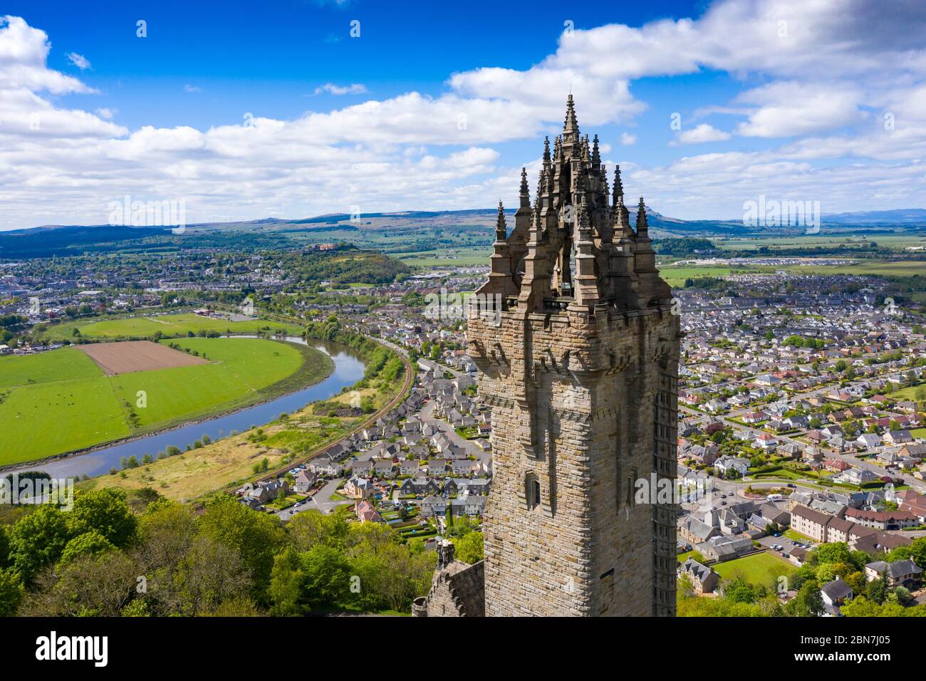 Aerial view of the National Wallace Monument tower closed due to Covid ...