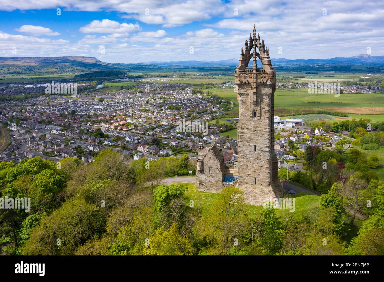 Aerial view of the National Wallace Monument tower on Abbey Craig ...