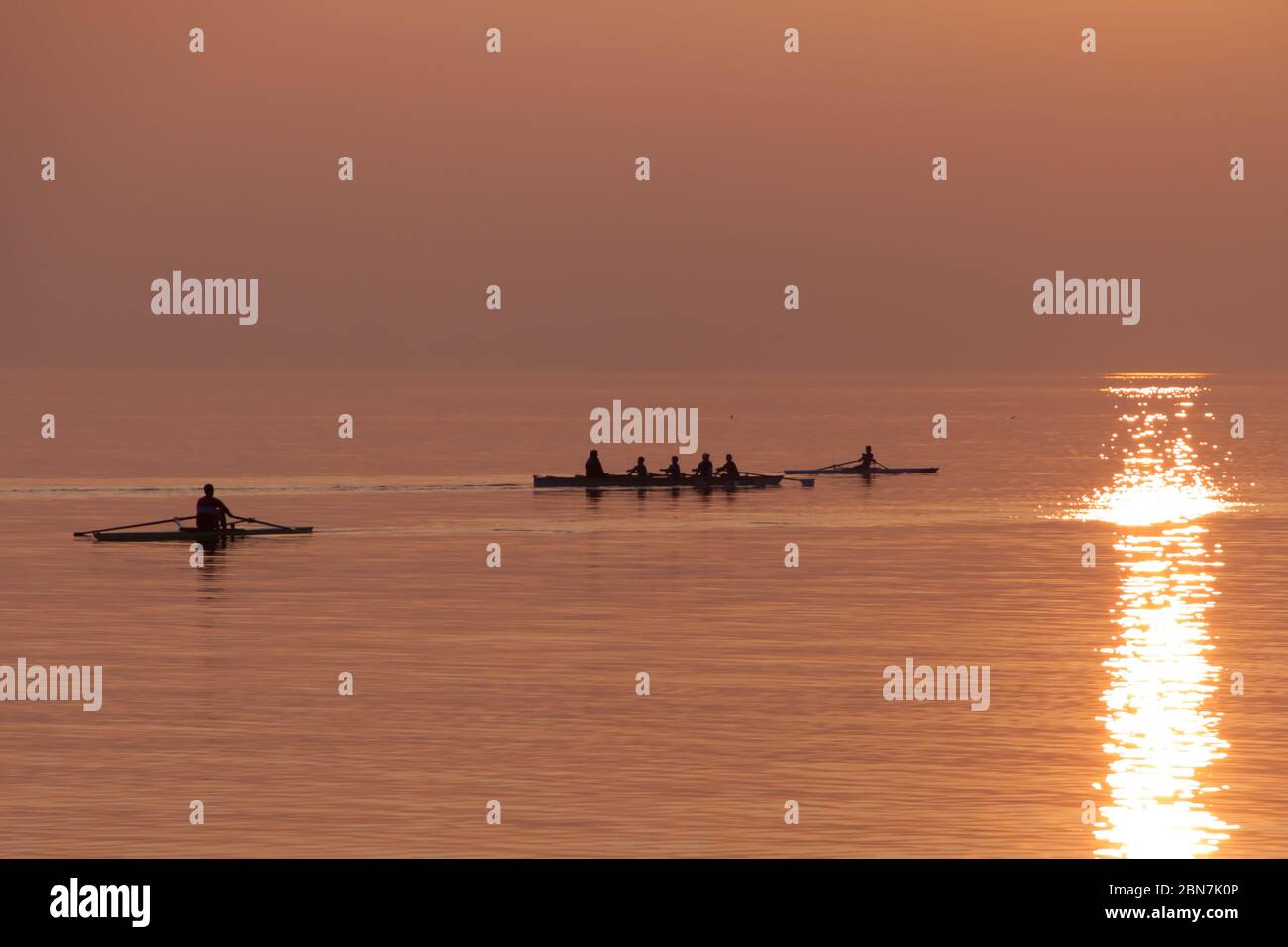 Rowing Team Training with Trainer over Shimmering Lake at Sunset Stock ...