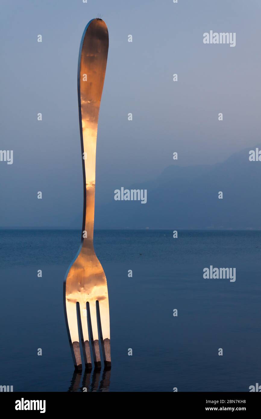 Giant Metal Fork Planted in Lake Leman in front of Food Museum in Vevey ...