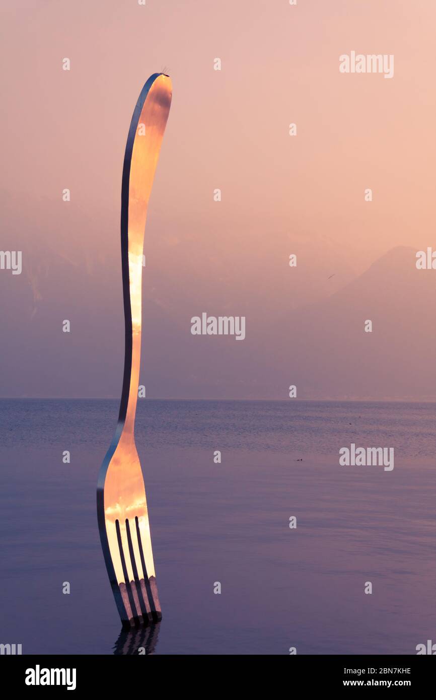 Giant Metal Fork Planted in Lake Leman in front of Food Museum in Vevey ...