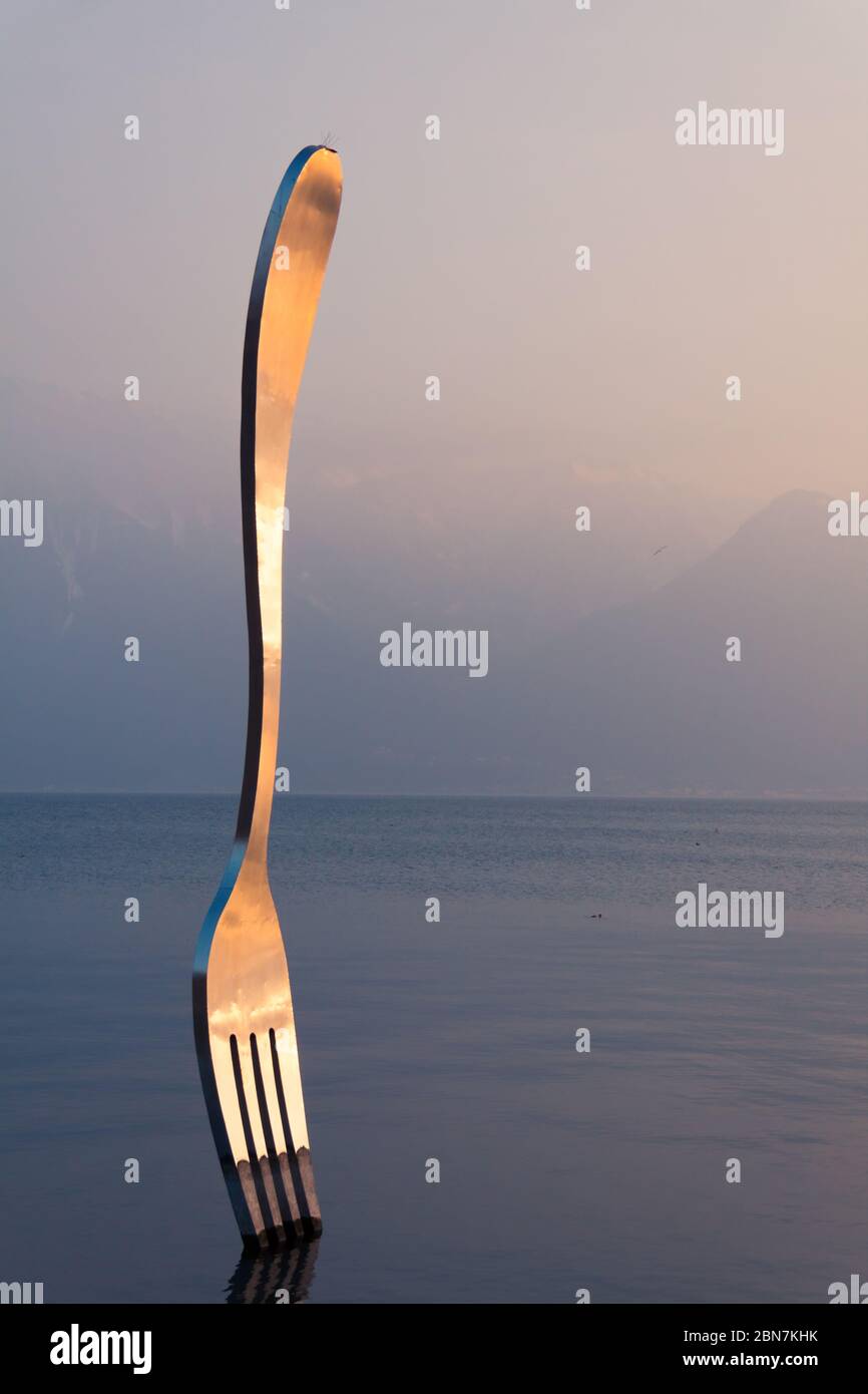 Giant Metal Fork Planted in Lake Leman in front of Food Museum in Vevey ...