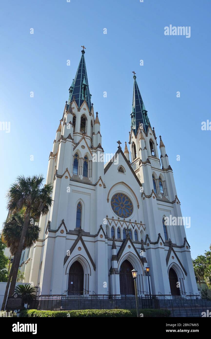 SAVANNAH, GA -3 MAY 2020- View of the landmark Cathedral of St John the ...