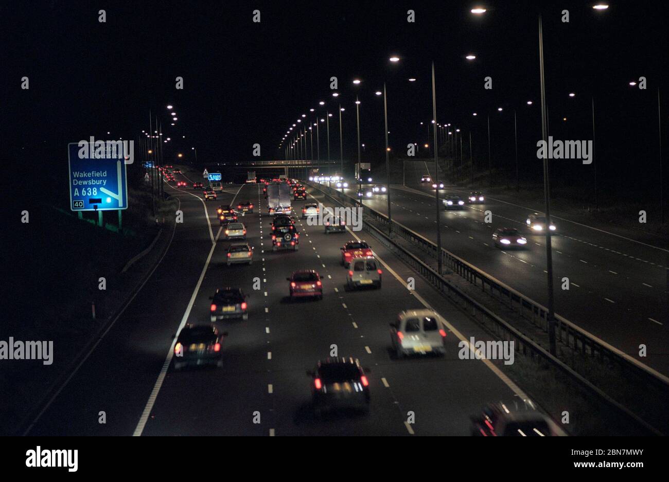 1997, night time traffic on the M1 motorway, Wakefield, West Yorkshire ...