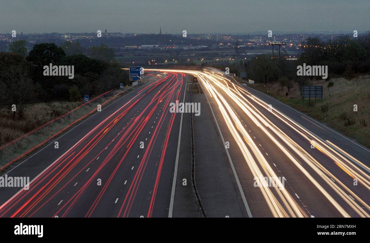 1997, night time traffic on the M1 motorway, Wakefield, West Yorkshire ...