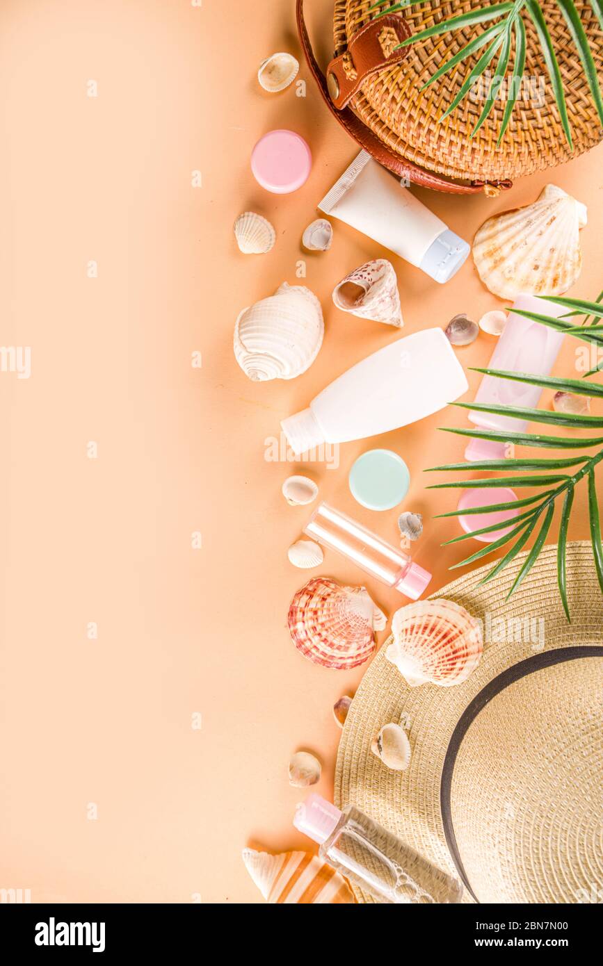Summer cosmetics background. Summer skincare, sunscreen cosmetics ...
