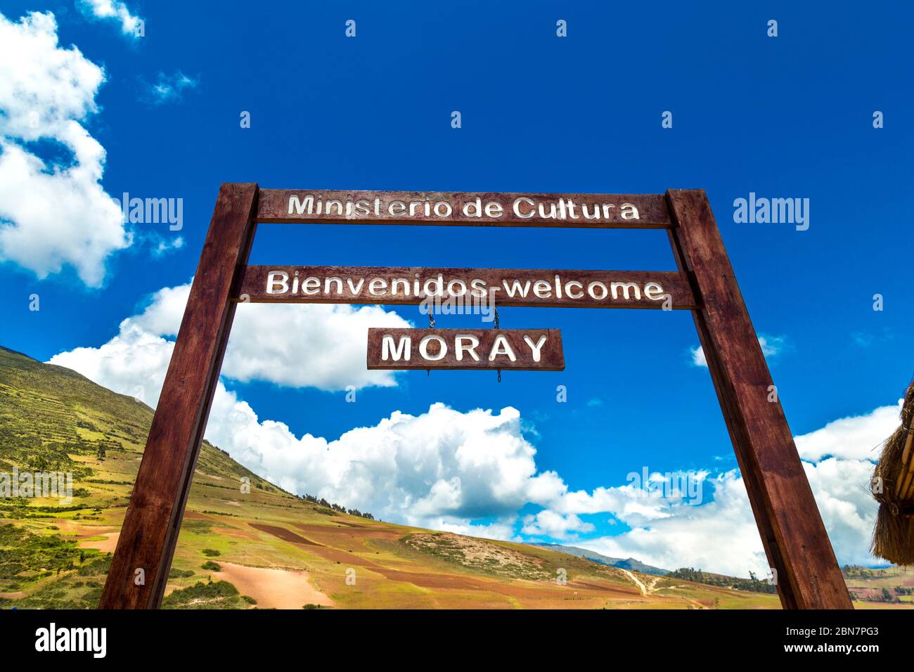 Welcome sign to the archeological Inca site in Moray, Sacred Valley ...
