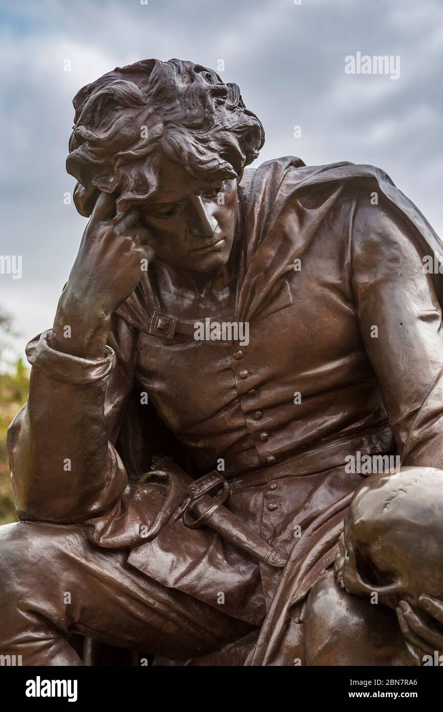 A bronze statue of the Shakespearean character Hamlet in the Bancroft ...