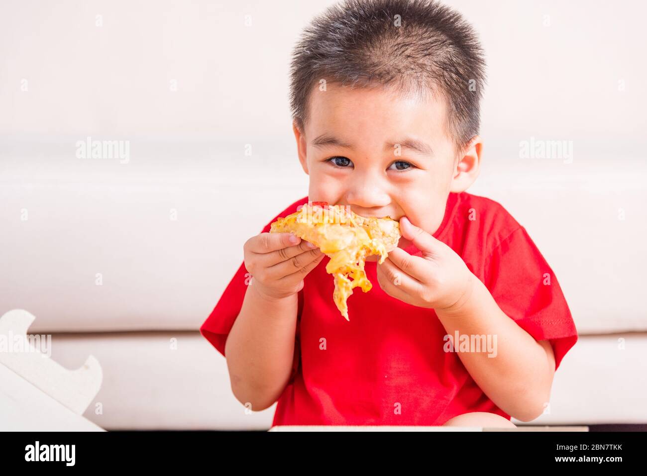 Hot Homemade, Vegetarian fast Italian food, Cute Little Child enjoying ...