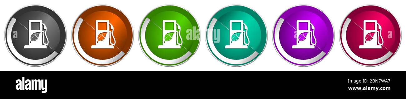 Biofuel icon set, silver metallic chrome border vector web buttons in 6 ...
