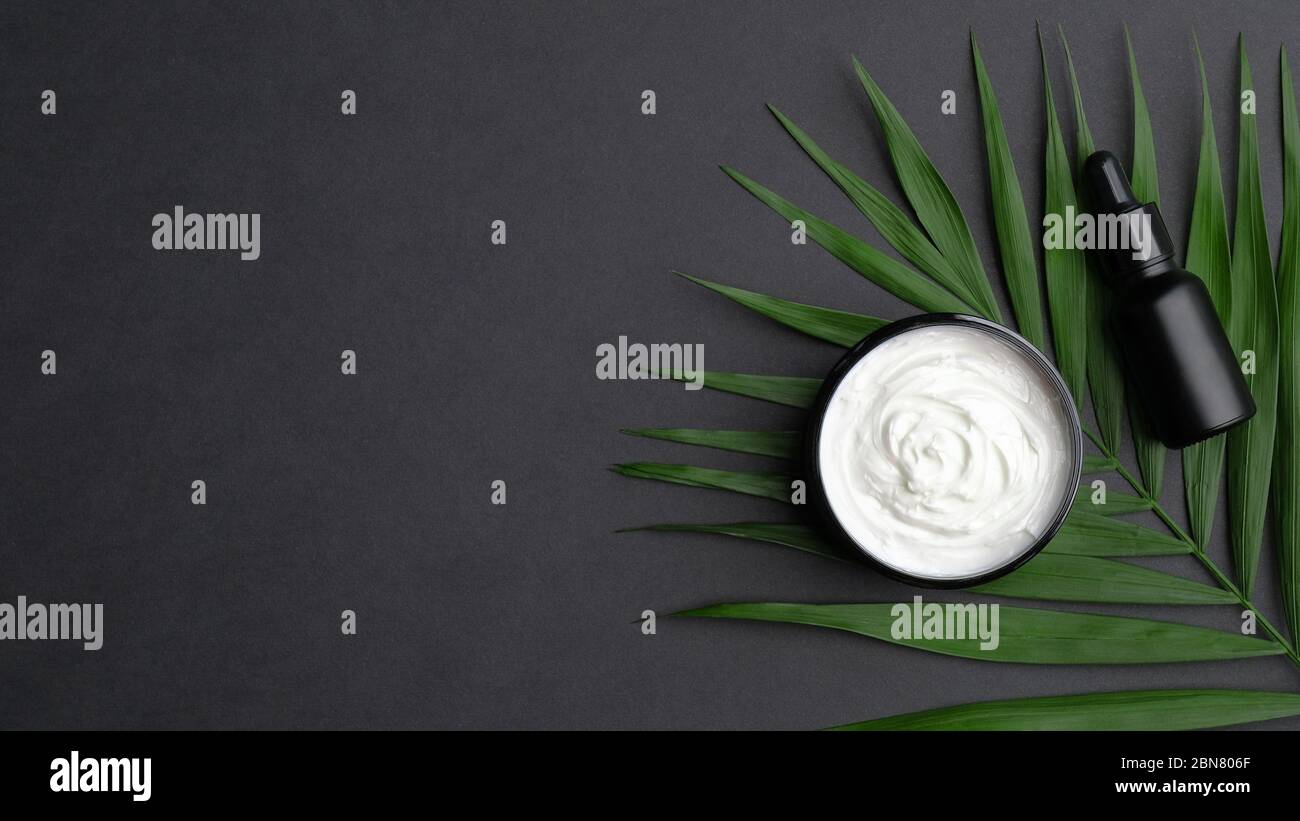 Top view cosmetic cream and lotion on palm leaf on black background ...
