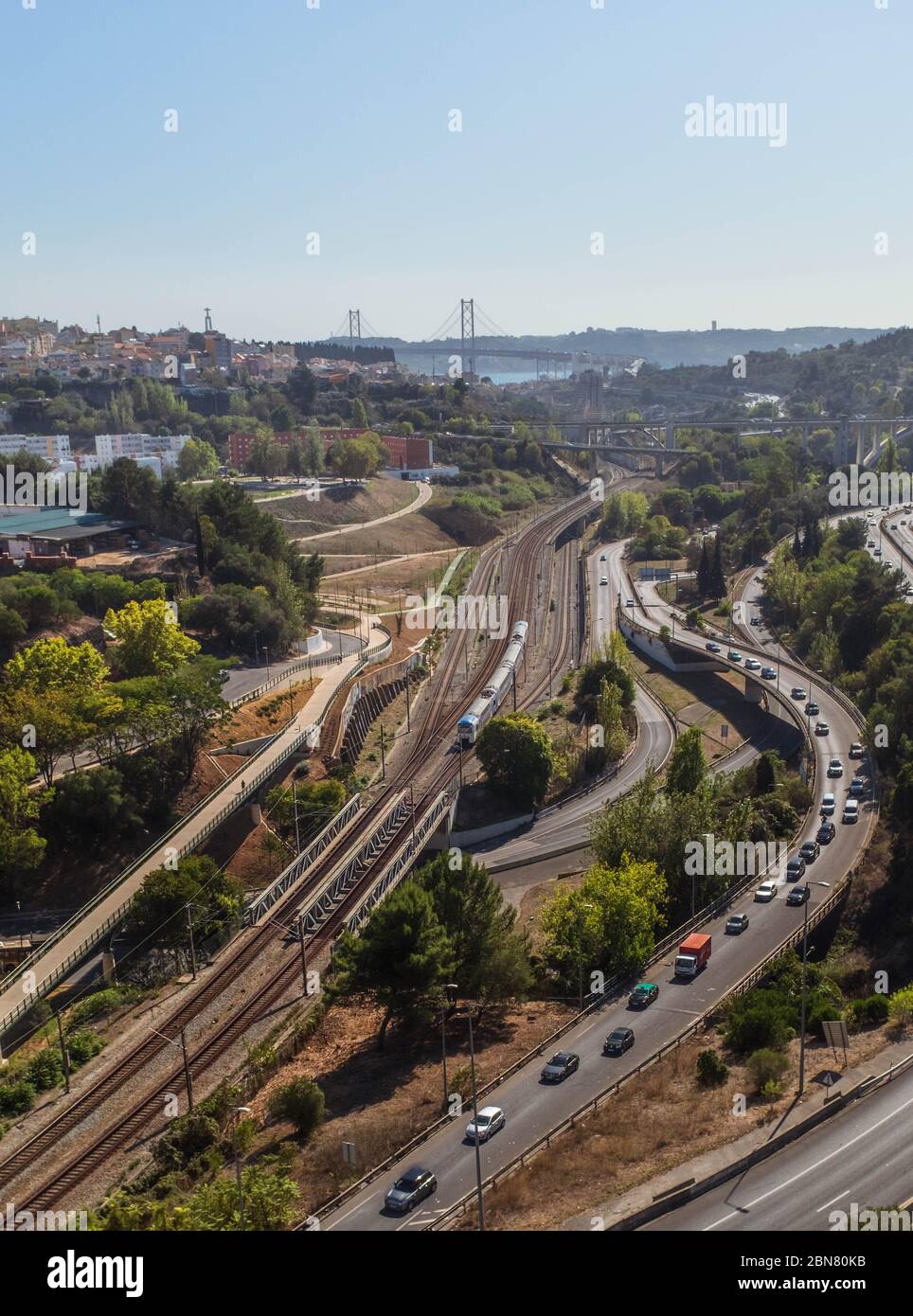 Infrastructure of Lisbon with 25 de Abril Bridge and Sanctuary of ...