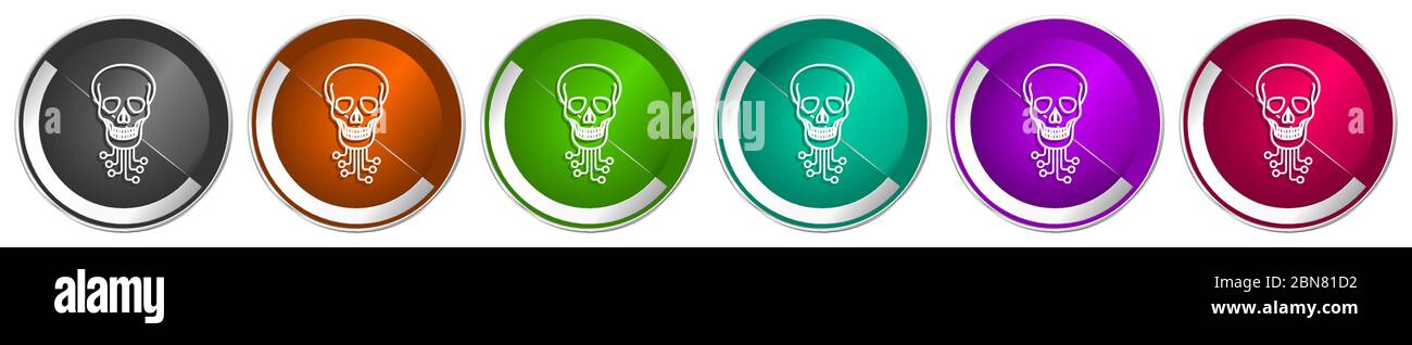 Hack icon set, virus, circuit, skull, hacker silver metallic chrome ...