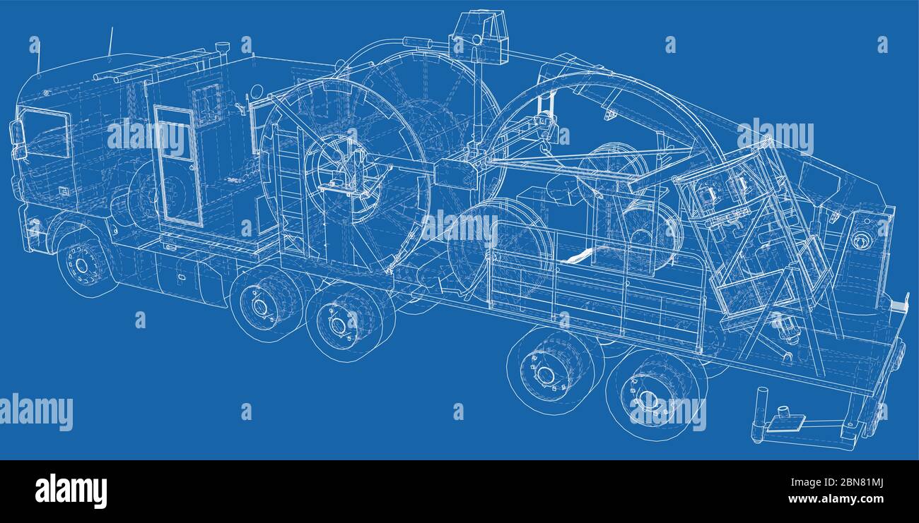 Wire-frame line coiled tubing truck isolated on white. Vector rendering ...